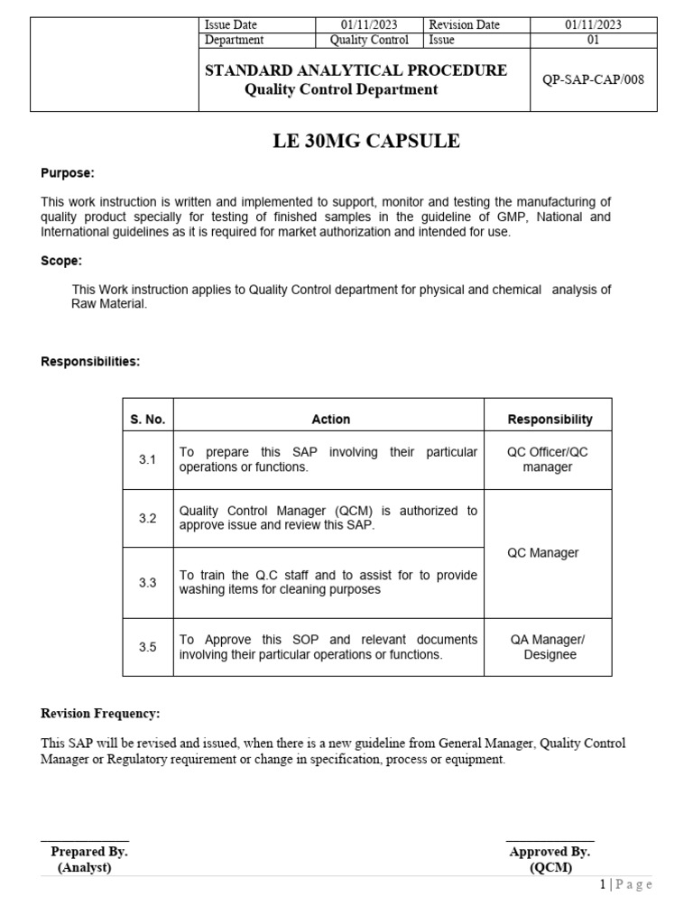 Le 30mg Capsules Qp-Sap-Cap008 | PDF | Filtration | Volume
