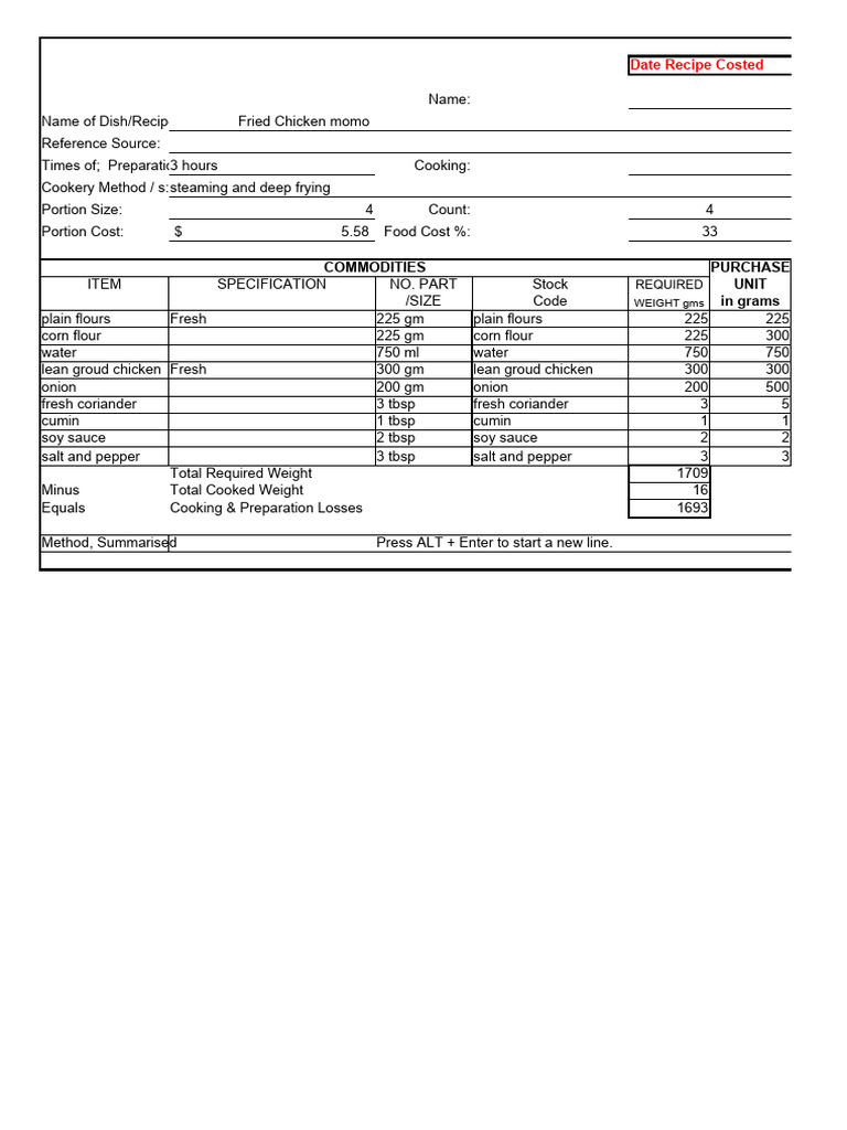Standard Recipe Card Template | PDF | Chili Pepper | Cooking