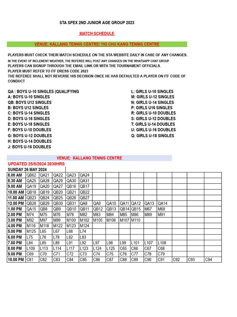 STA SPEX Junior Tennis Schedule 2023 | PDF