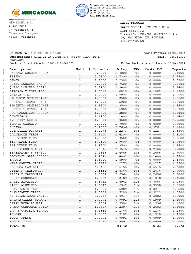 Descripci n Unid P Unitario B Imp IVA Cuota IVA Importe Mercadona S