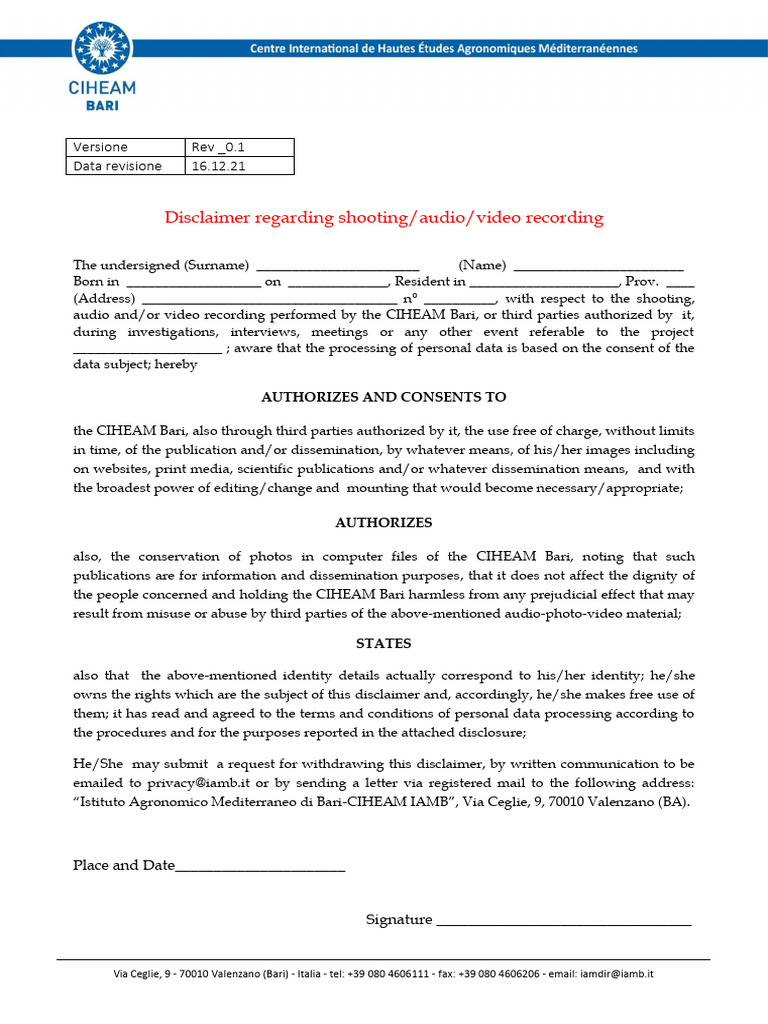 Disclaimer Regarding Shooting, Audio, Video Recording | PDF | Data ...