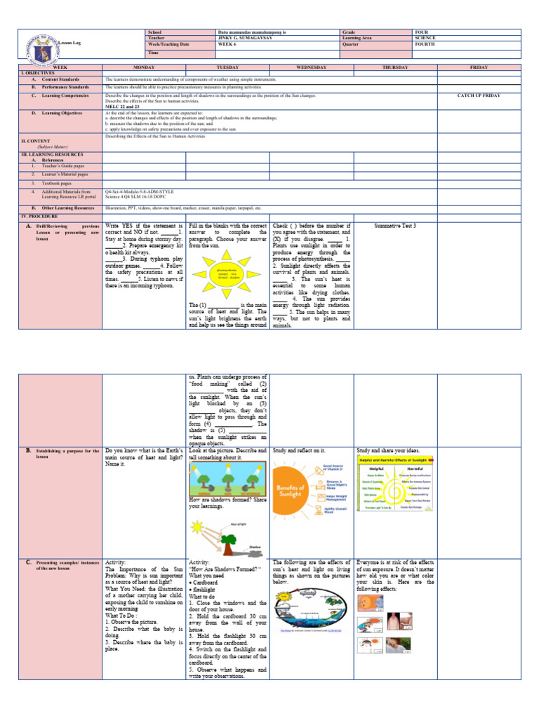 Science 4 Q4 Week 6 DLL | PDF | Sunscreen | Shadow