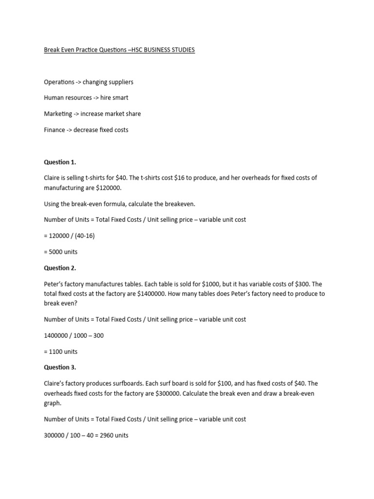 Break-Even Practice Questions | PDF | Economics | Business Economics