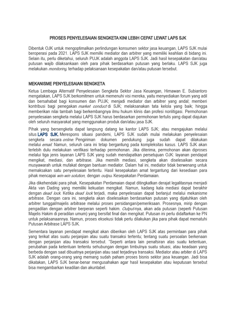 PROSES PENYELESAIAN SENGKETA KINI LEBIH CEPAT LEWAT LAPS SJK | PDF