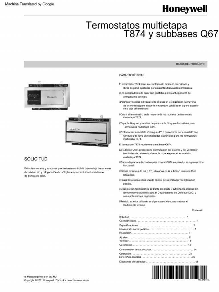 Manual Honeywell T874 | PDF | Termostato | Cambiar