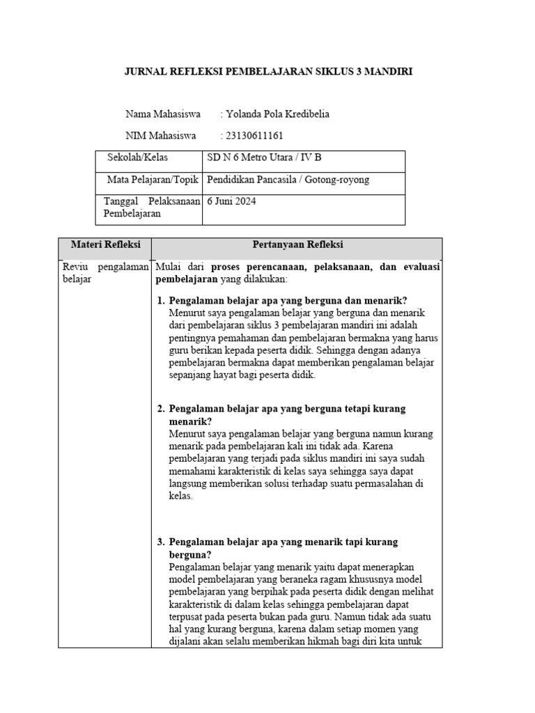 Jurnal Refleksi Pembelajaran Siklus 3 | PDF