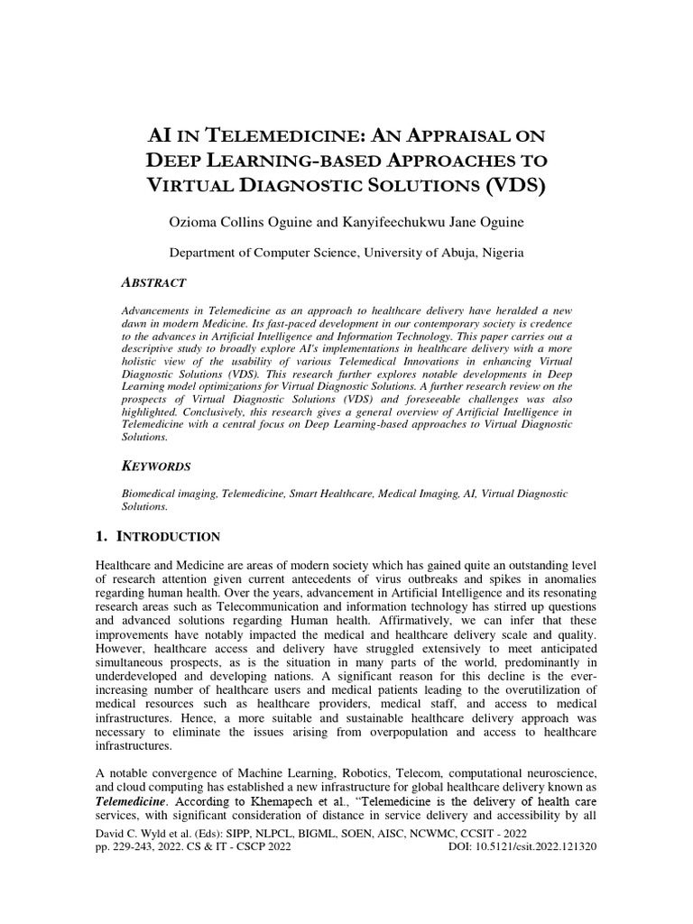 AI T: A A D L - A V D S (VDS) : IN Elemedicine N Ppraisal On EEP Earning Based Pproaches To ...