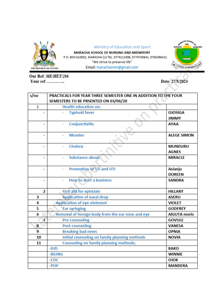 Year 3 Sem 1 Practical Allocation | PDF | Causes Of Death | Public Health
