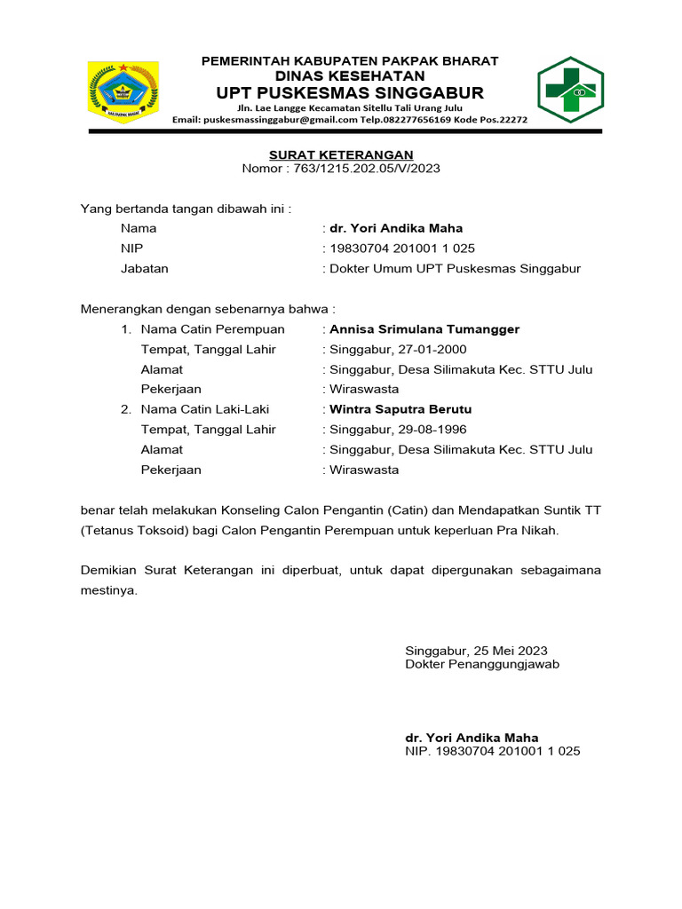 Surat Ket Catin | PDF