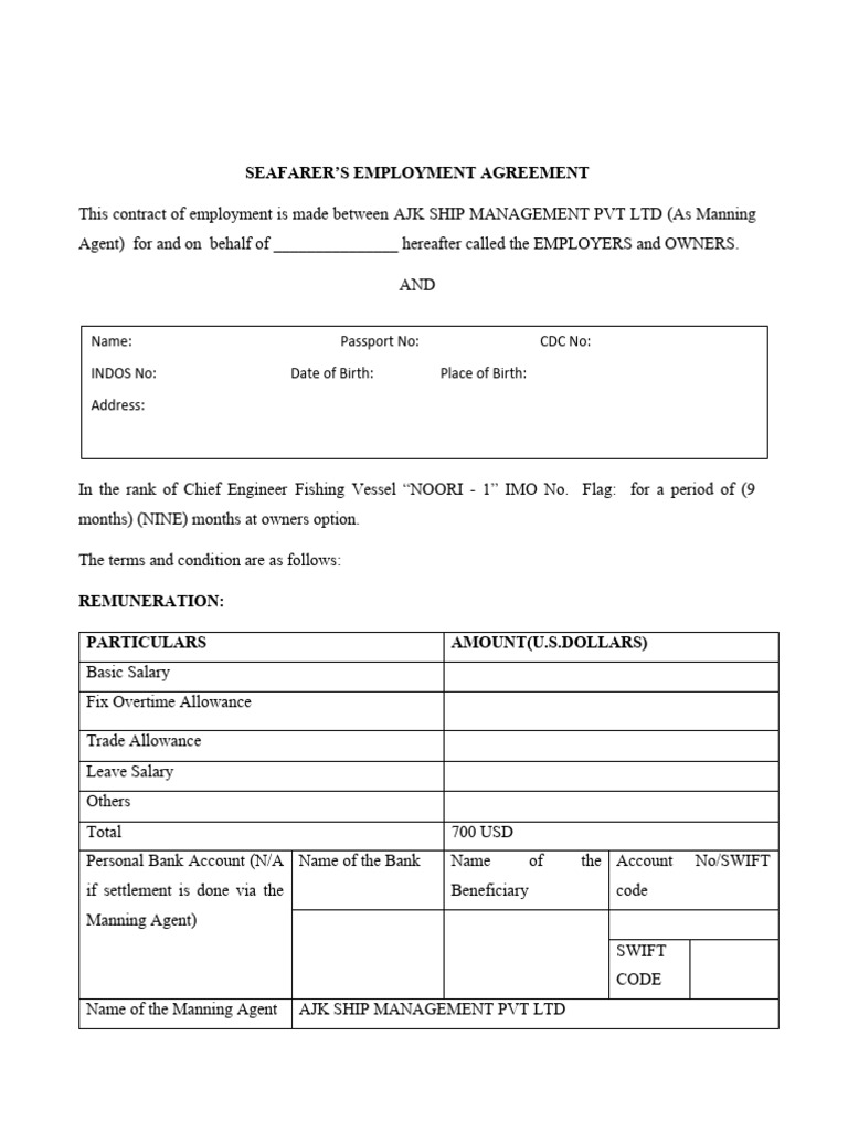 Seafarer Agreement - Ch Eng | PDF | Employment | Wage