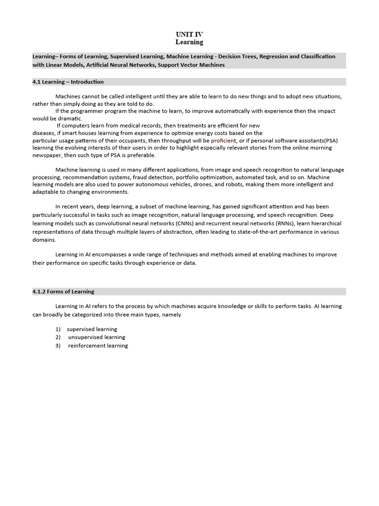 Unit IV - Learning | PDF | Support Vector Machine | Artificial Neural Network