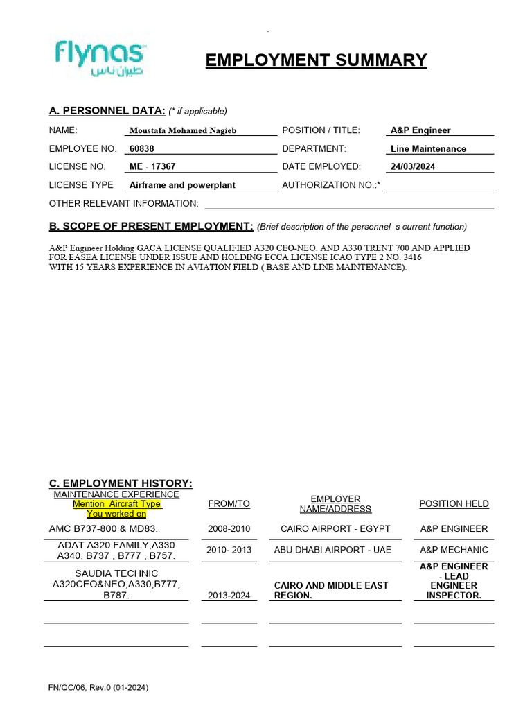 FN-QC-06 Employment Summary Form Rev. 0 (01-2024) 60838 | PDF
