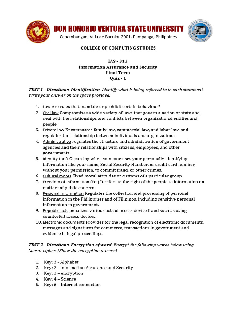 FinalTerm Quiz#1 IAS-313 | PDF | Encryption | Computer Security FinalTerm Quiz#1 IAS-313 | PDF | Encryption | Computer Security
