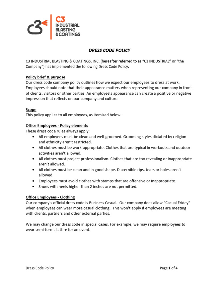 C3 Dress Code Policy - Latest | PDF | Clothing | Personal Protective ...