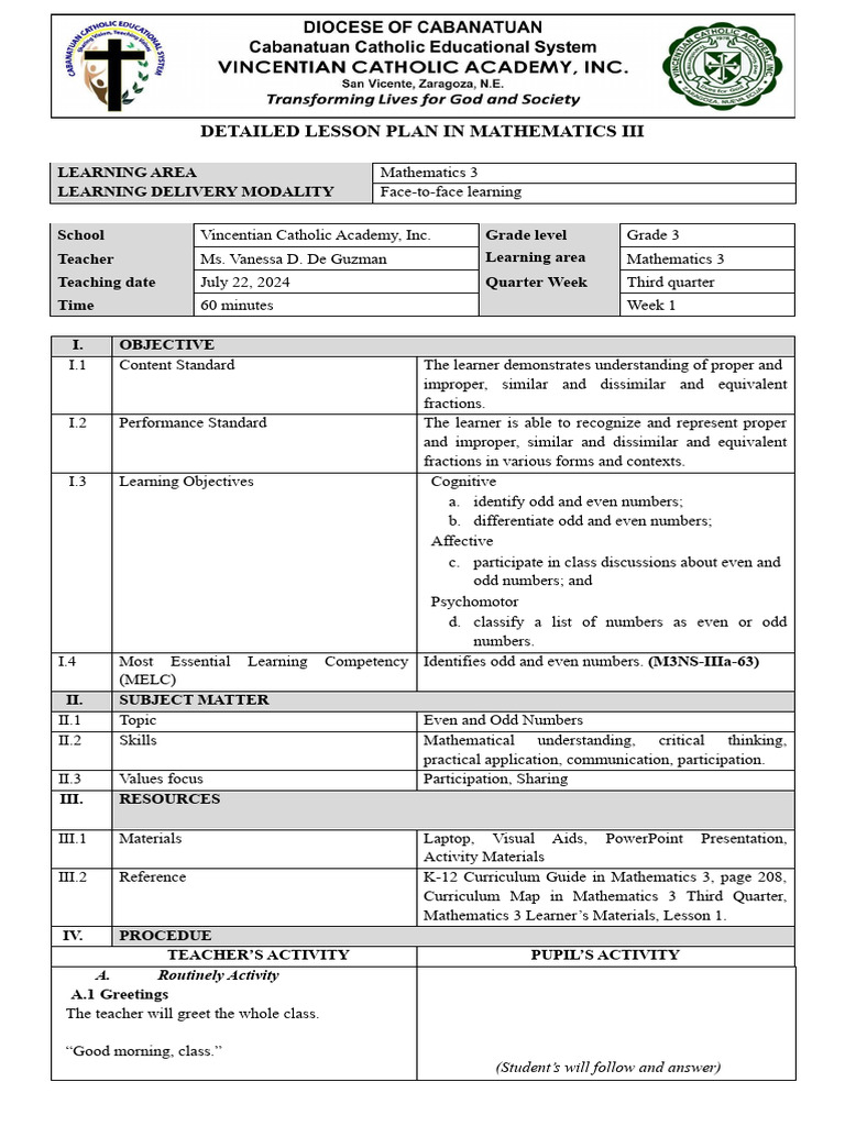 Grade 3 Math Lesson: Odd & Even Numbers | PDF | Learning | Lesson Plan