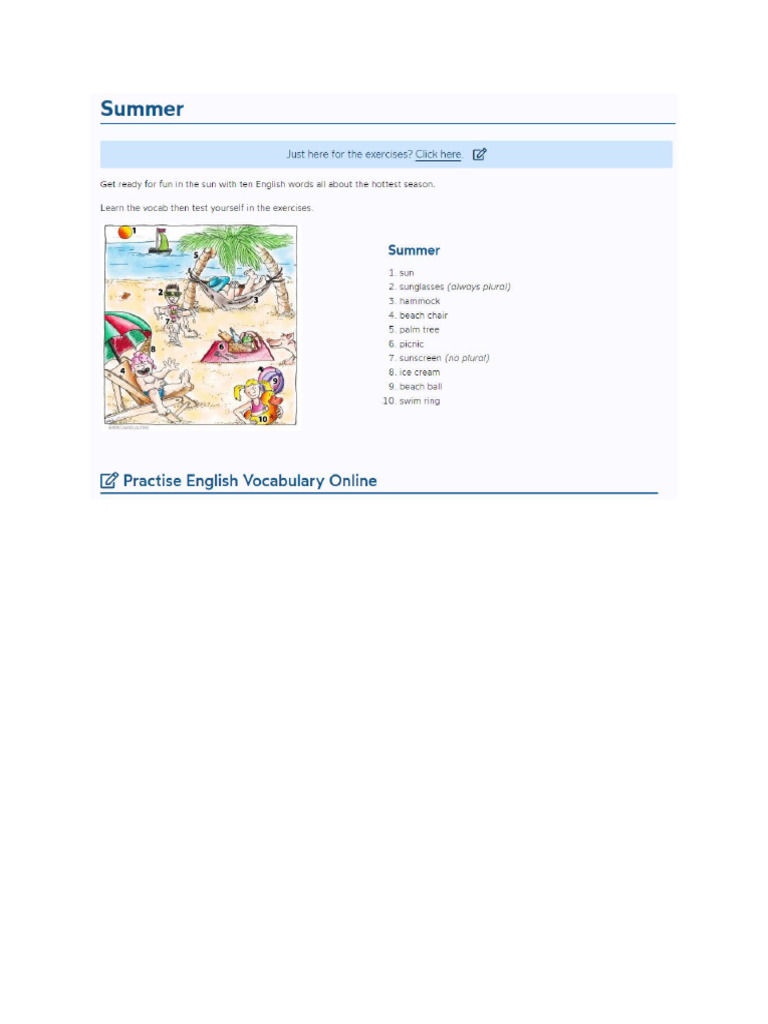 Summer Vocabularies in English | PDF