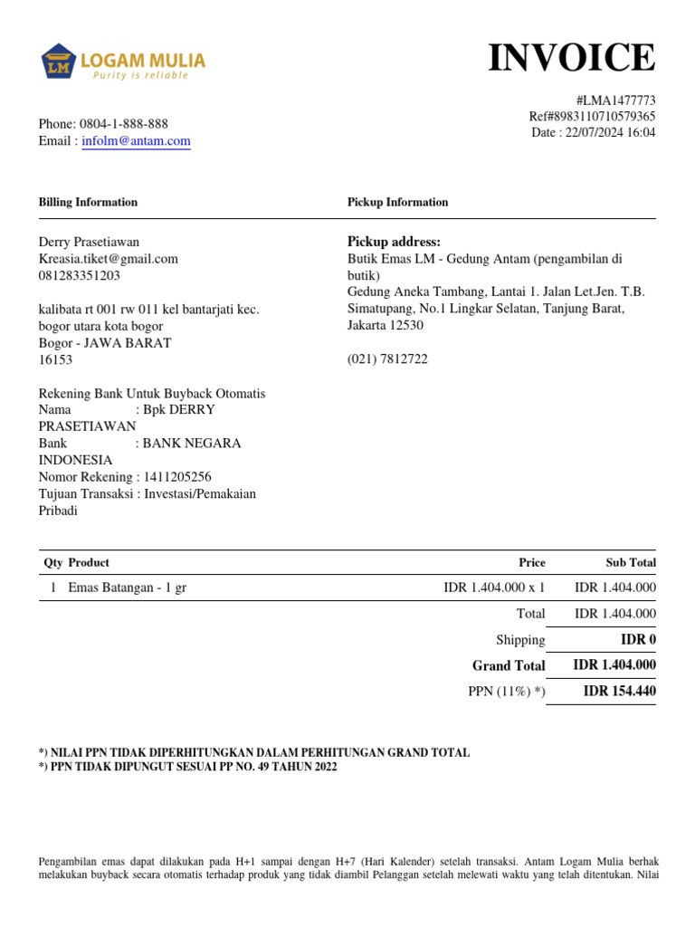 Invoice Pembelian Emas Antam 2024 | PDF