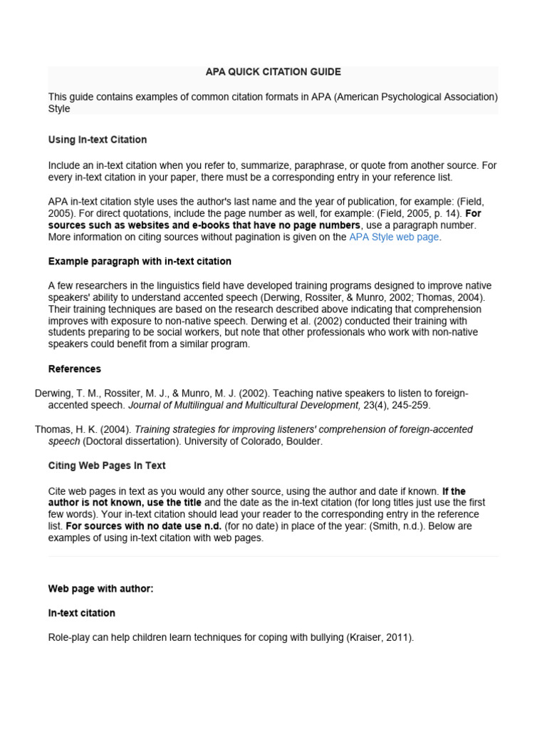 APA Quick Citation Guide | PDF | Apa Style | Citation