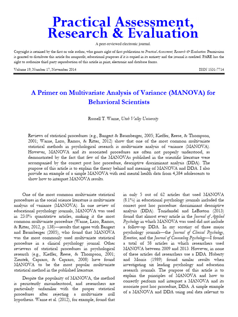 A Primer On Multivariate Analysis of Variance (MANOVA) For Behavioral Scientists. | PDF ...