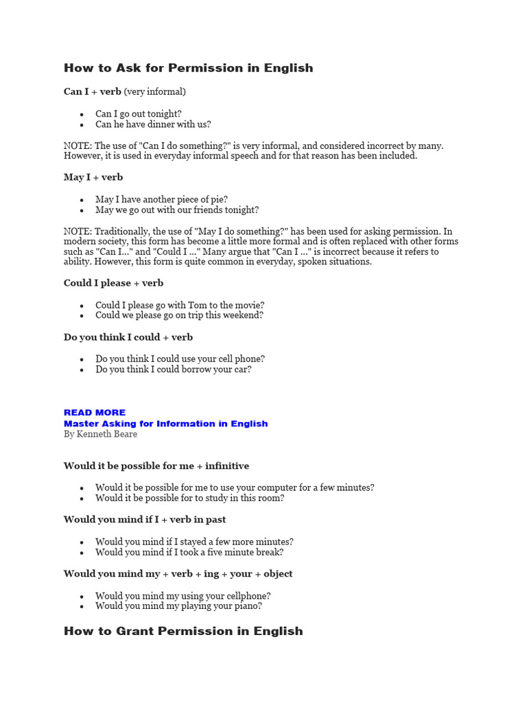 How To Ask For Permission in English | PDF | Verb | English Language