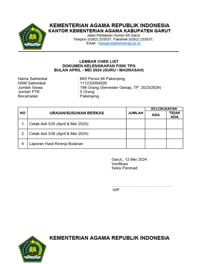 Lembar Ceklis Kelengkapan Monev TPG 2022 | PDF