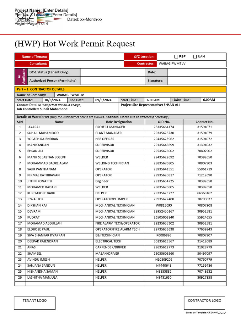 LIU4 - (HWP) Hot Works Permit Request | PDF | Firefighting | Safety