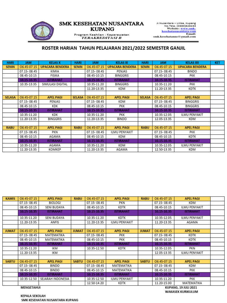 Roster Harian Tahun Pelajaran 2021 | PDF