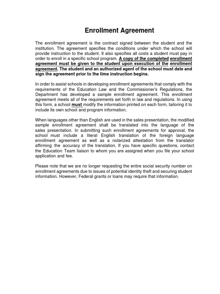 Enrollment Agreement Template Guide | PDF | Fee | Tuition Payments