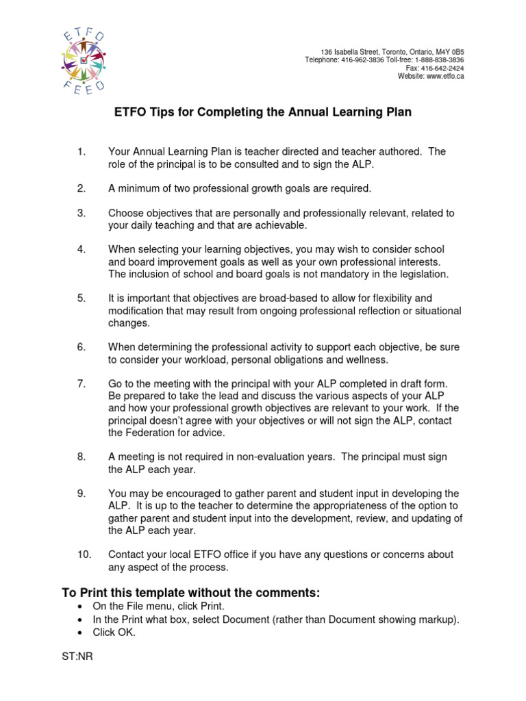 ETFO Guide for Annual Learning Plan | PDF | Teachers | Learning