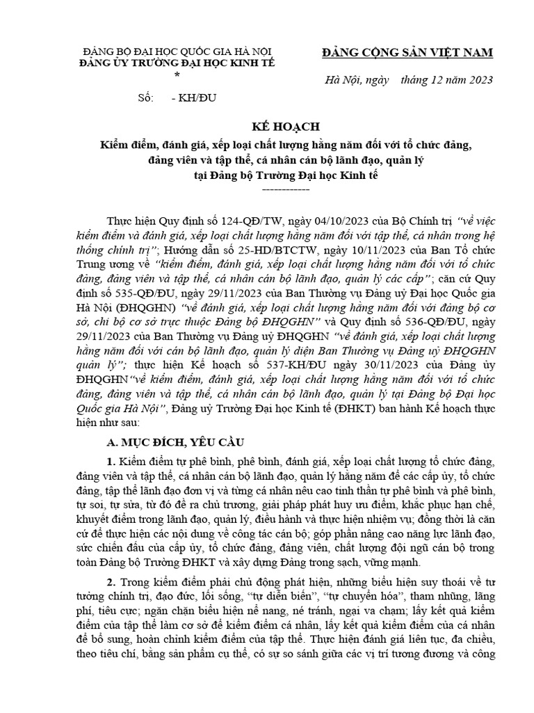 DHKT - Kế Hoạch Kiểm Điểm, Đánh Giá, Xếp Loại Chất Lượng Tổ Chức Đảng ...