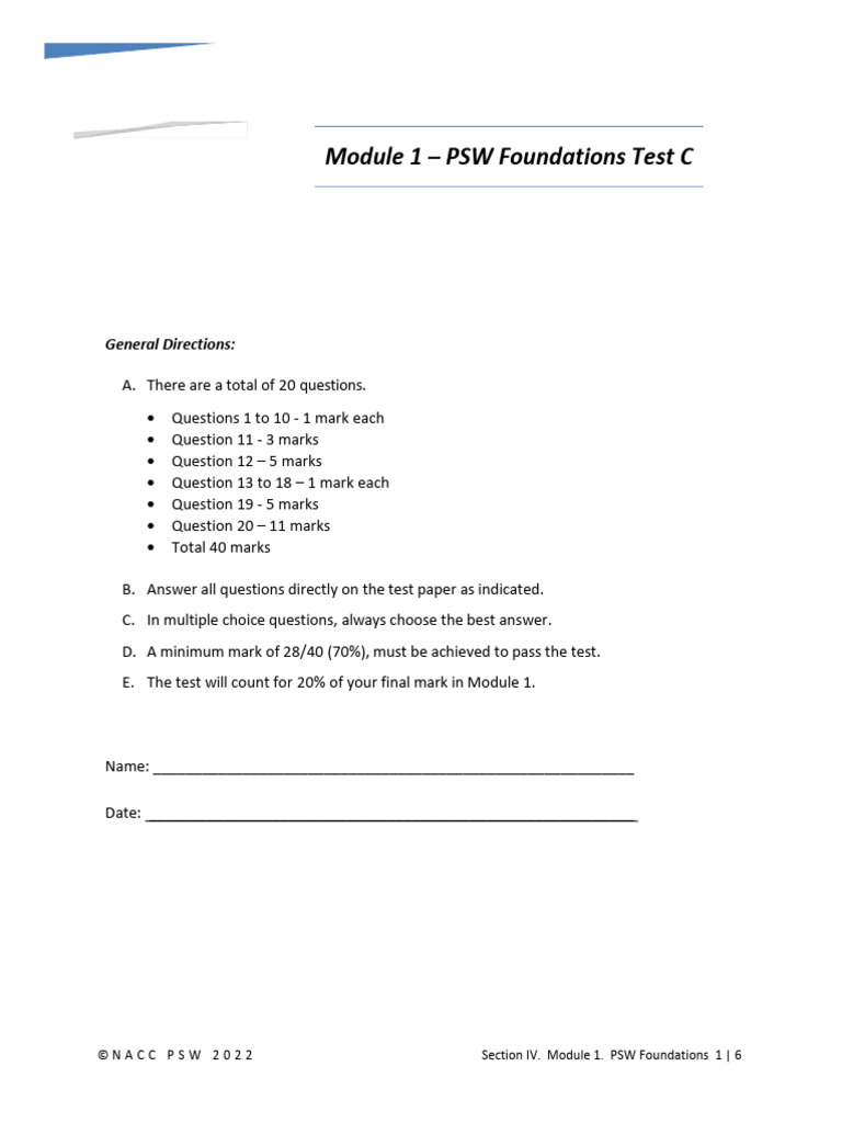 IV-2 Test - Module 1 PSW Foundations (C) - 1 | PDF | Senses | Communication IV-2 Test - Module 1 PSW Foundations (C) - 1 | PDF | Senses | Communication