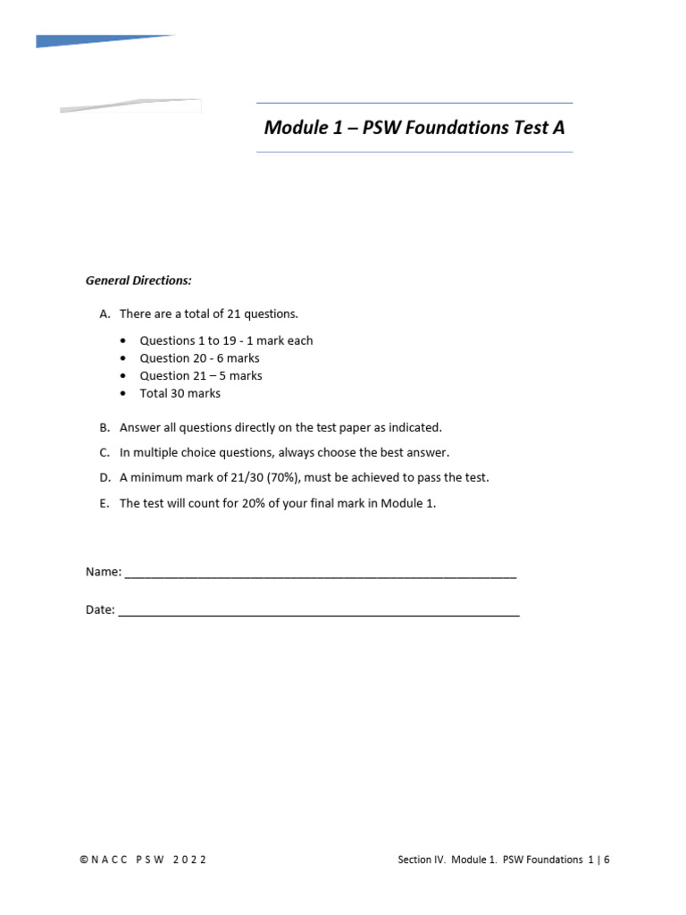 PSW Module 1 Foundations Test A | PDF | Nursing | Psychology