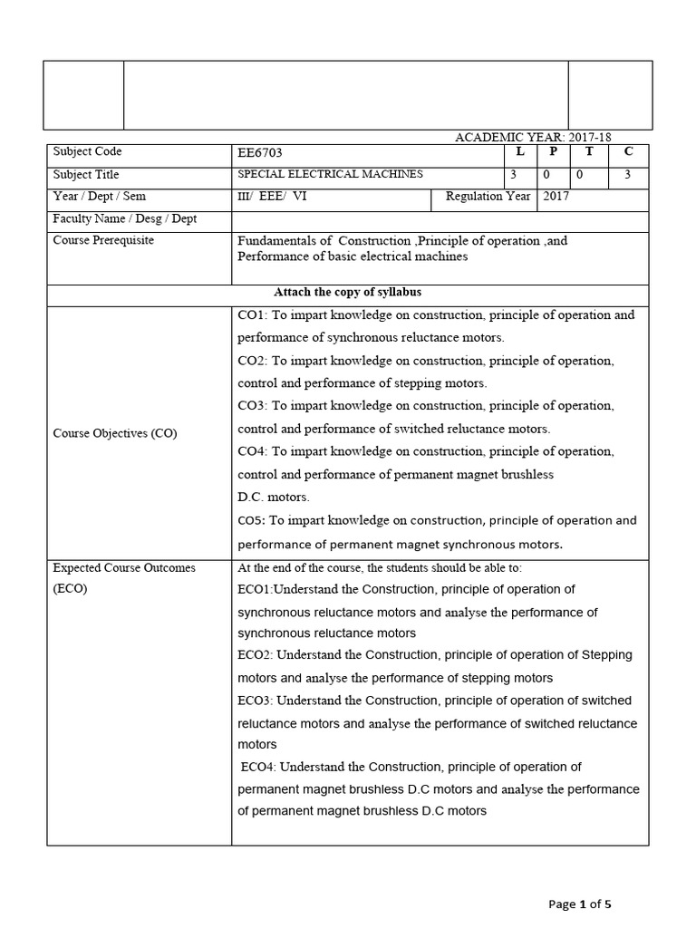 COURSE PLAN Sem1 | PDF | Electric Motor | Manufactured Goods