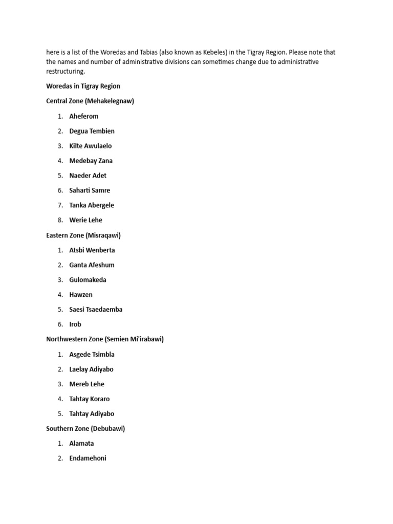 Here Is A List of The Woredas and Tabias | PDF | Ethiopia | Horn Of Africa