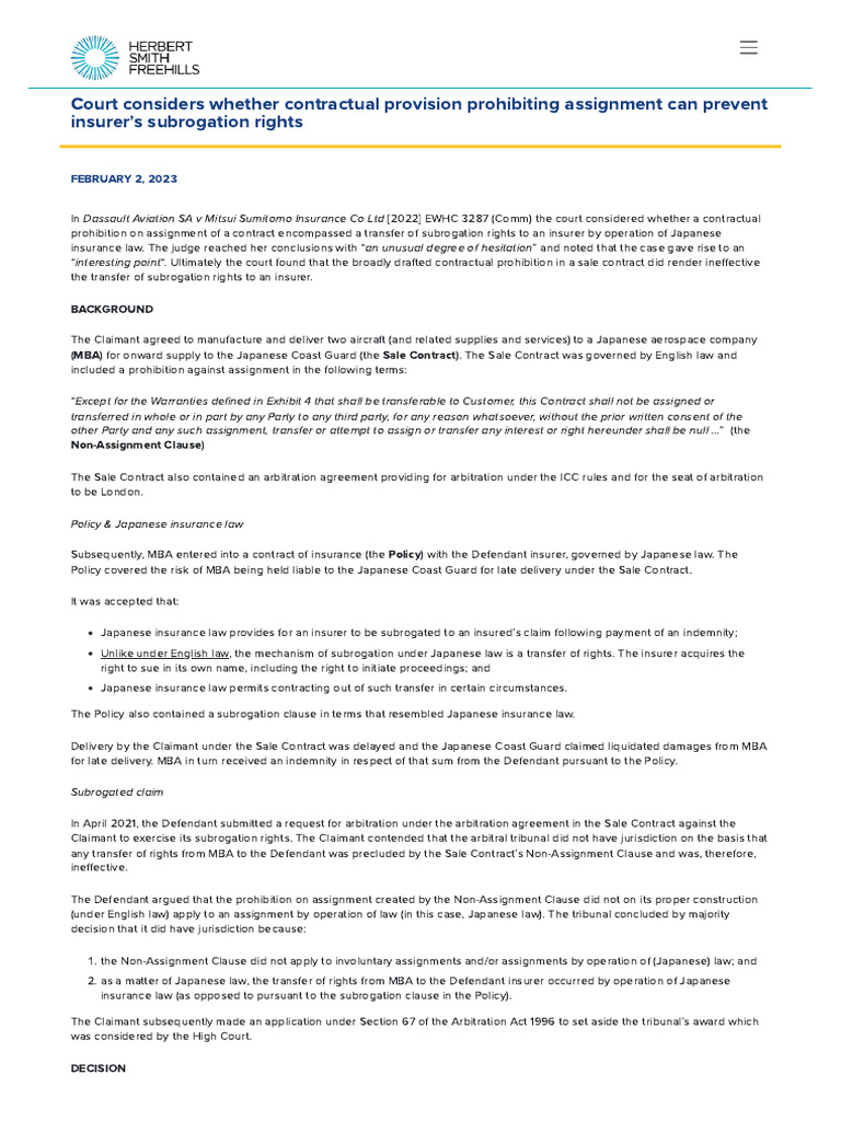 Non-Assignment Clauses and Subrogation Rights | PDF | Subrogation | Lease