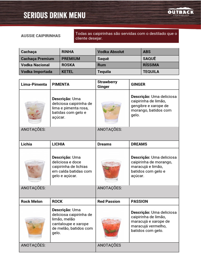 Serious Drink Menu - Outback | PDF | Milkshake | Vinhos