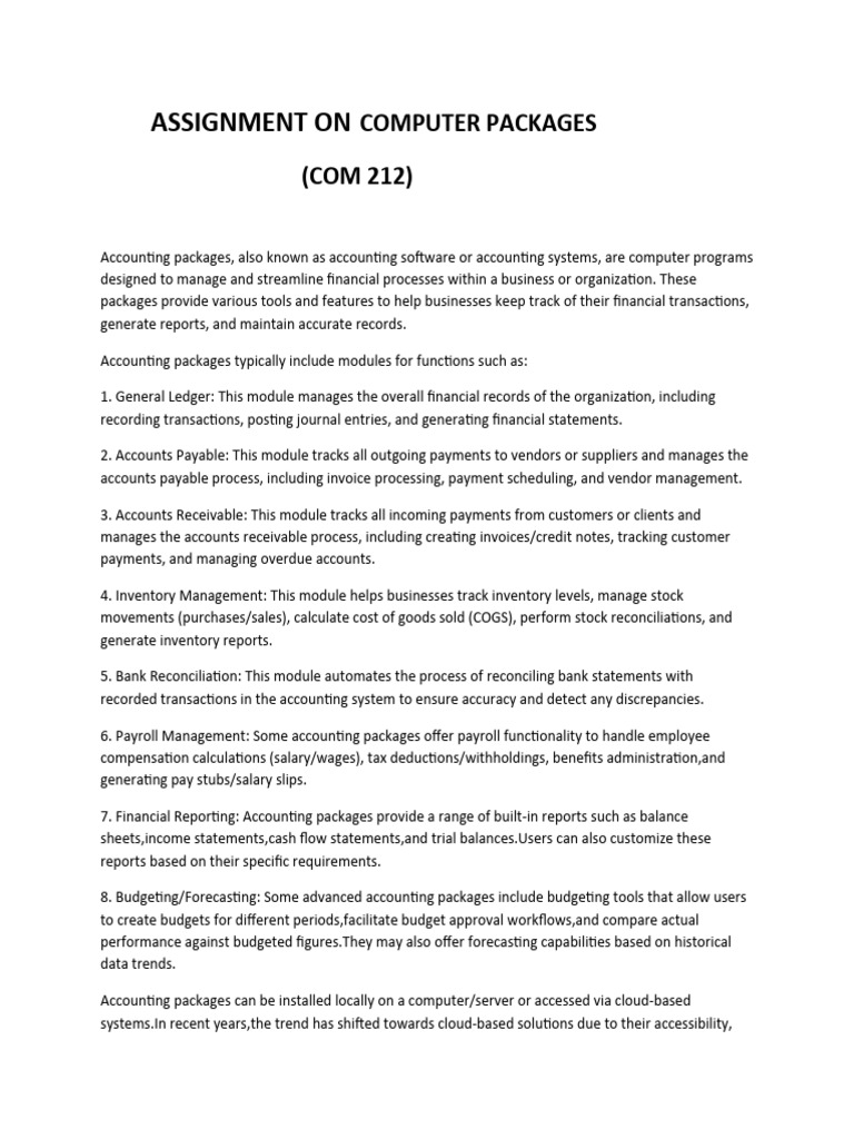 Assignment On Computer Packages | PDF | Quick Books | Audit