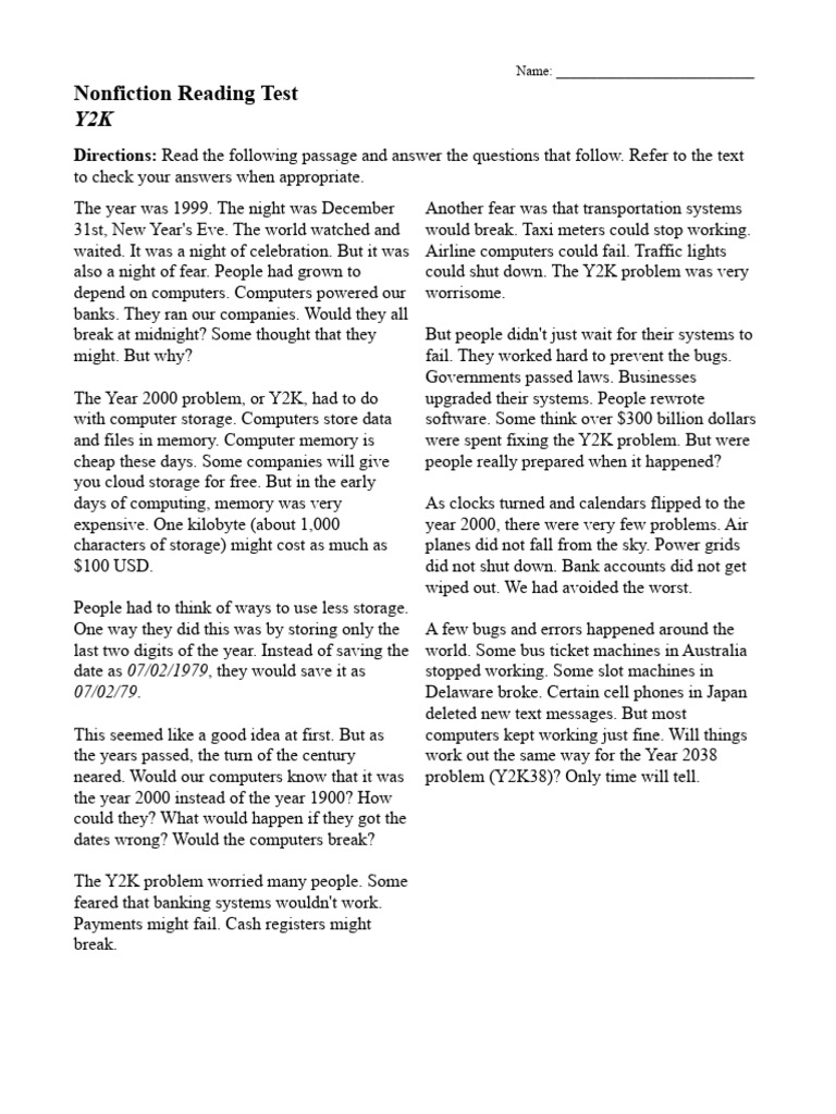 Nonfiction Reading Test: Directions: Read The Following Passage and ...