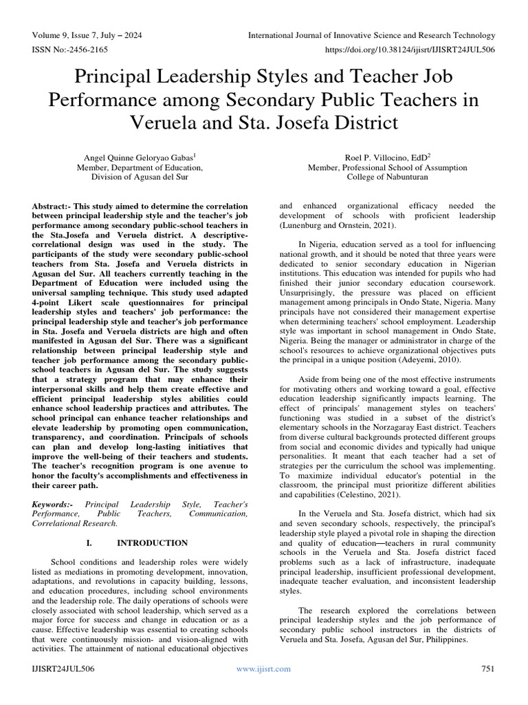 Principal Leadership Styles and Teacher Job Performance Among Secondary Public Teachers in ...