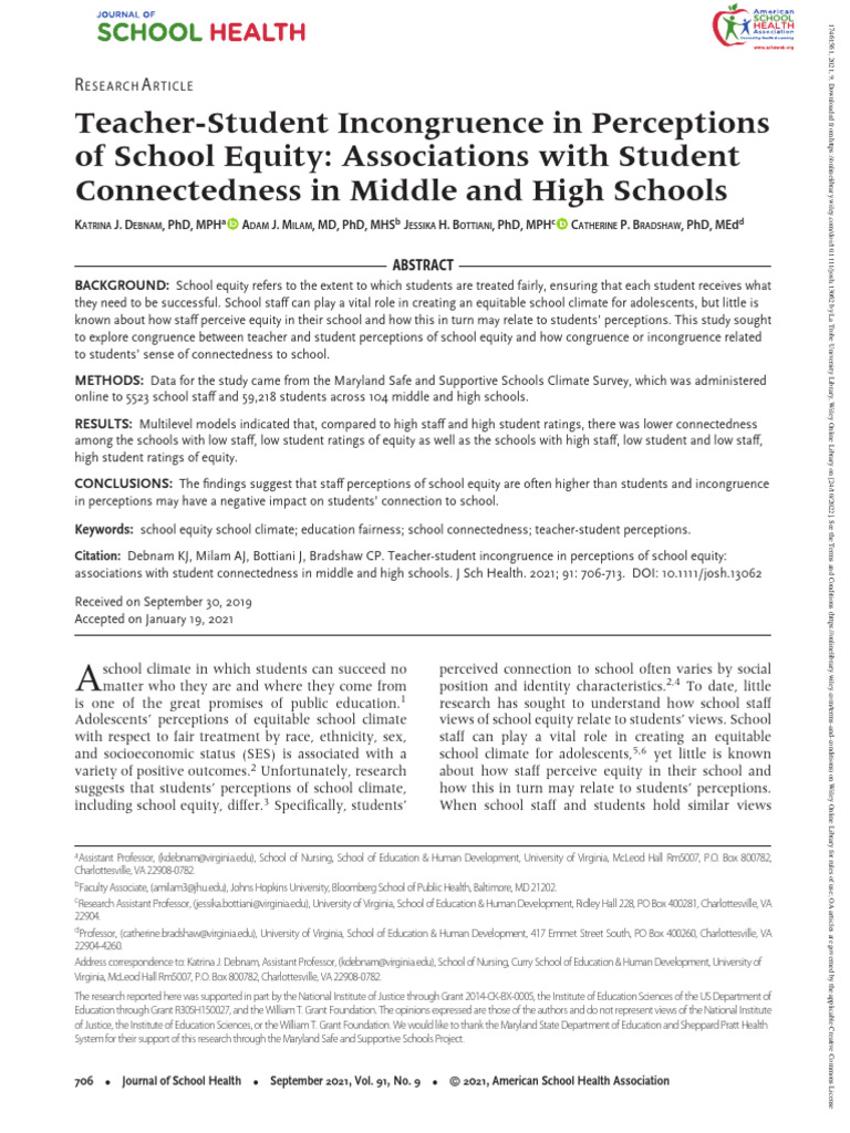 Teacher-Student Incongruence in Perceptions of School Equity ...