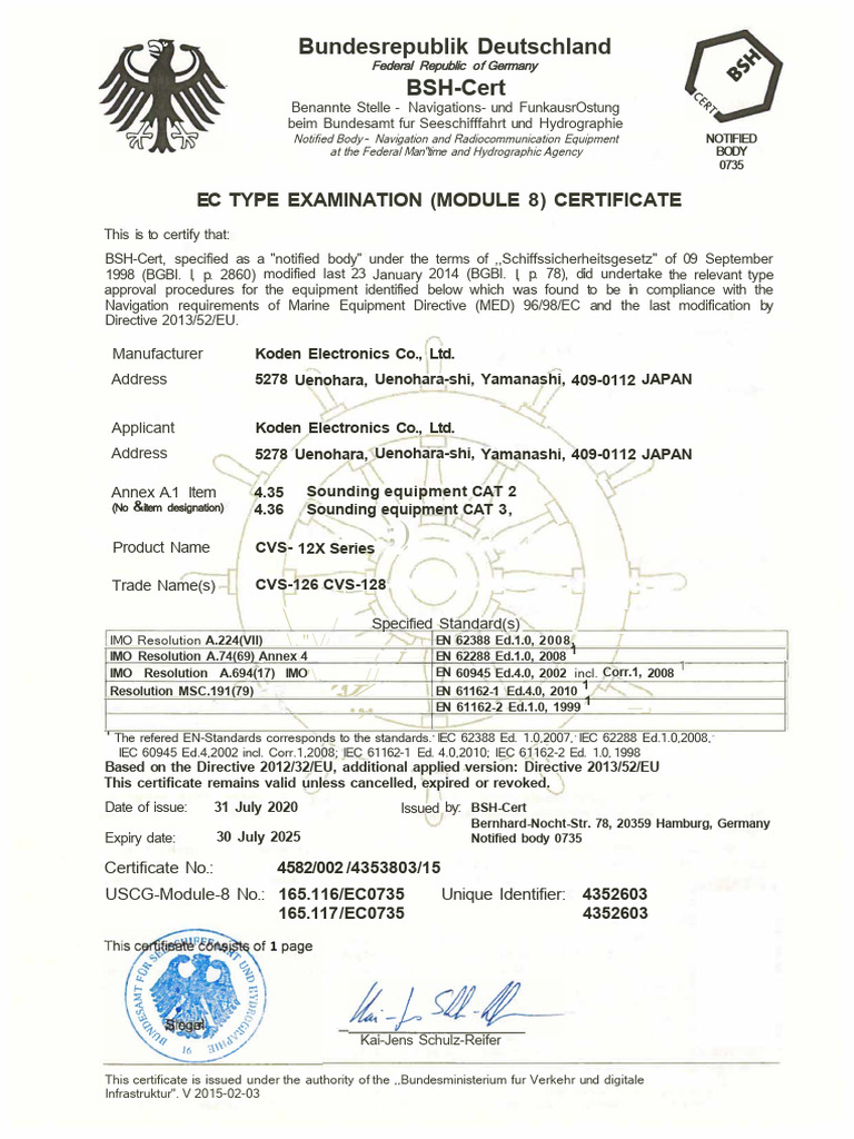 Koden CVS-126 Echo Sounder Certification | PDF | Computers | Technology ...