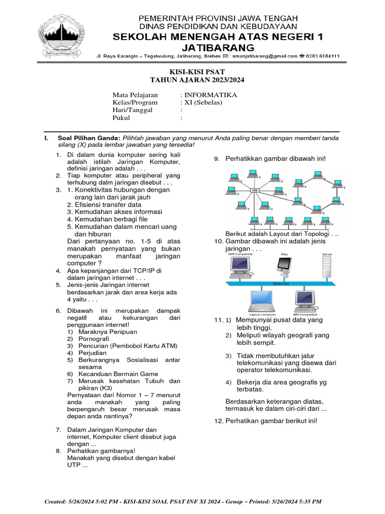 Kisi-Kisi Soal Psat Inf Xi 2024 - Genap | PDF