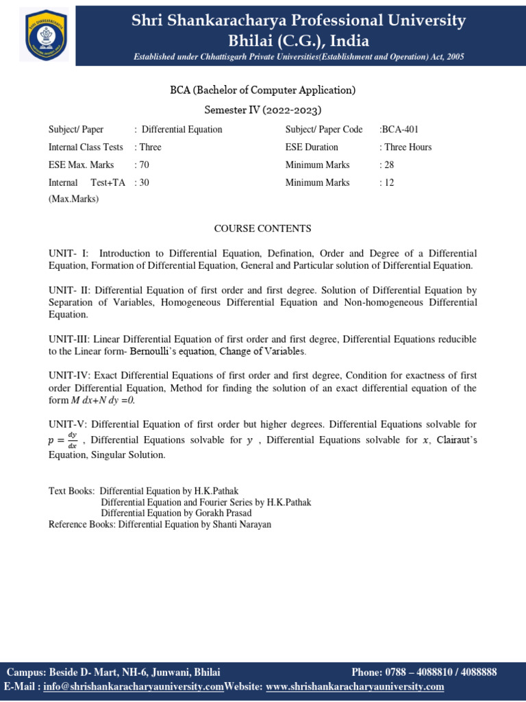 BCA Maths - 4 Sem (Differential Equation) Syllabus | PDF | Differential Equations | Equations