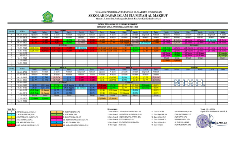 Jadwal Pelajaran Sdi Uam Tapel 2024.2025 | PDF