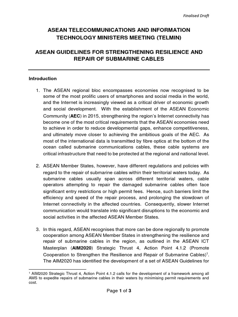 ASEAN Guidelines For Strengthening Resilience and Repair of Submarine ...