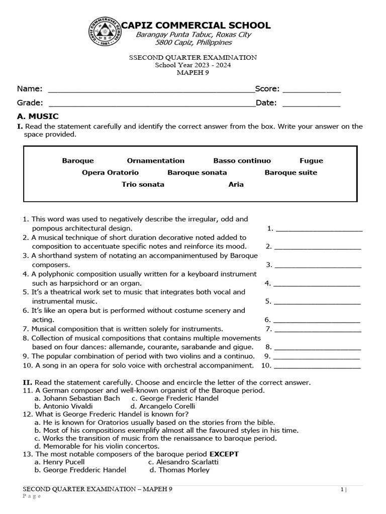 MAPEH 9 Exam 2nd Q | PDF | Baroque Music | Classical Music