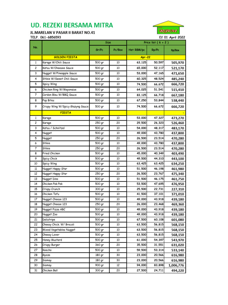 Golden Fiesta Product Price List | PDF | Foods | Prepared Foods