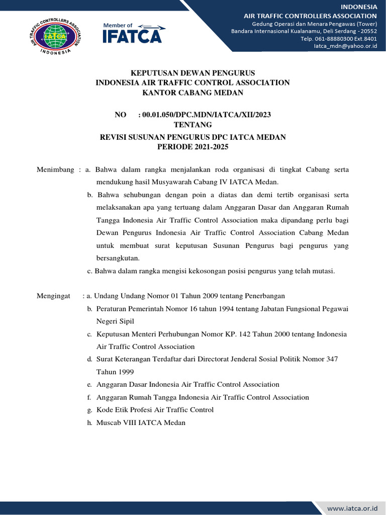 Surat Pengurus DPC Iatca Medan 2021-2025 Update | PDF