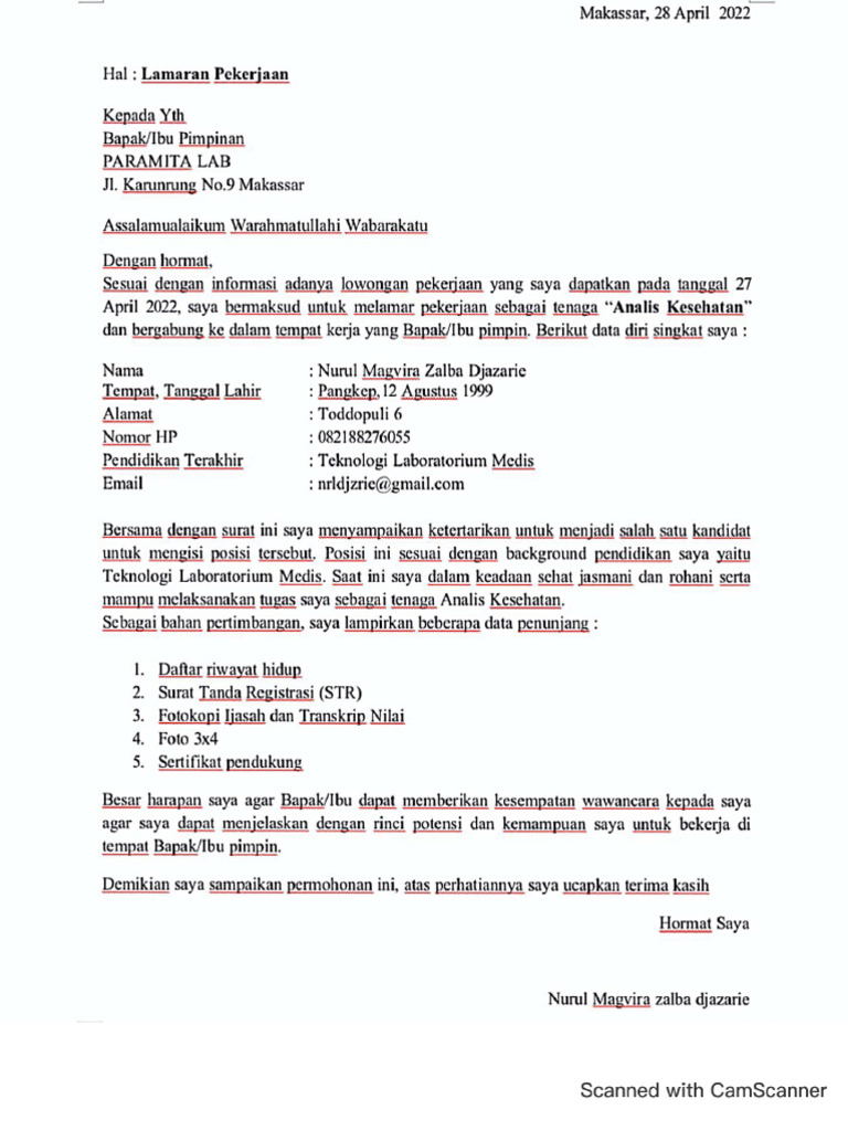 Lamaran Kerja Paramita Lab | PDF