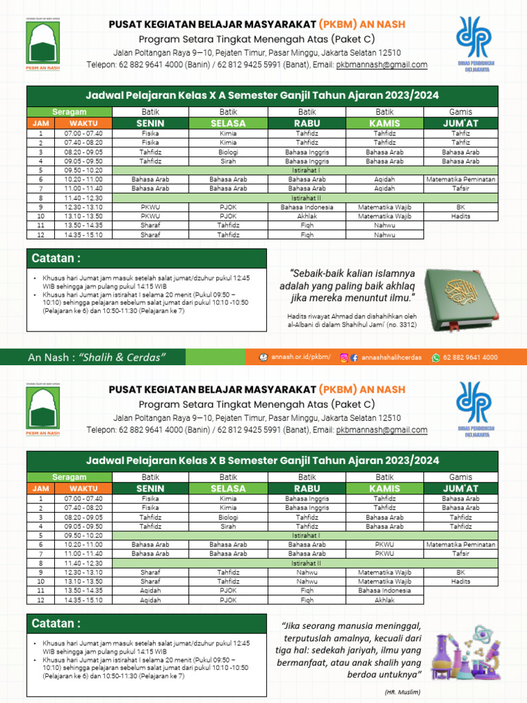 Jadwal Pelajaran PKBM An Nash Setara SMA 2023 2024 | PDF